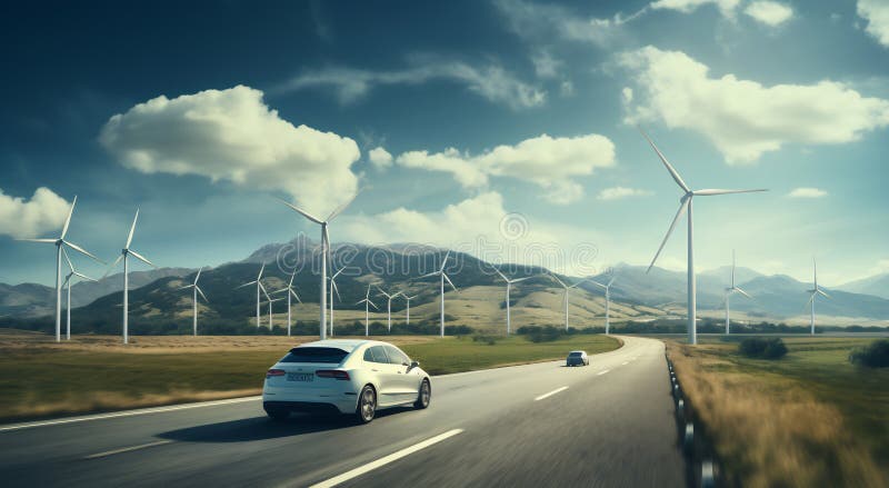 Car Driving Down Road with Wind Turbines in Background Stock Photo ...