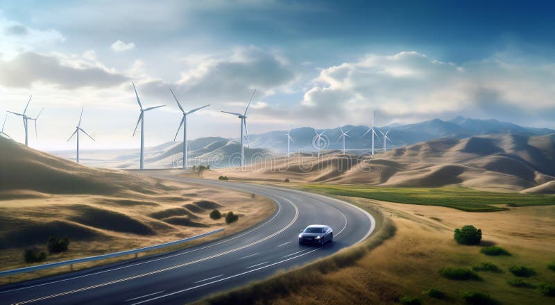 Car Driving Down Road with Windmills in Background Stock Photo - Image ...