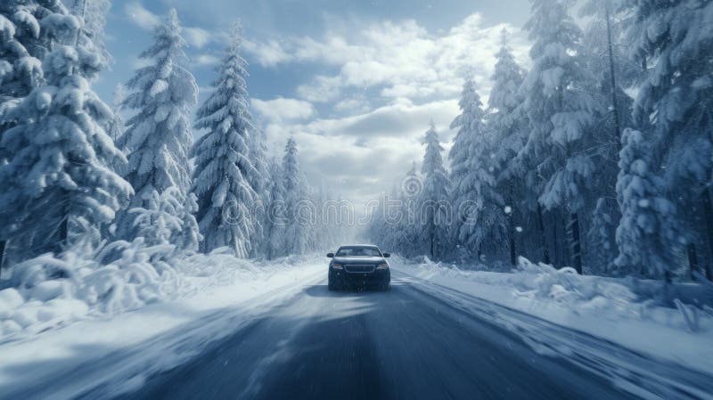 A Car Driving Down a Snow Covered Road Stock Illustration ...