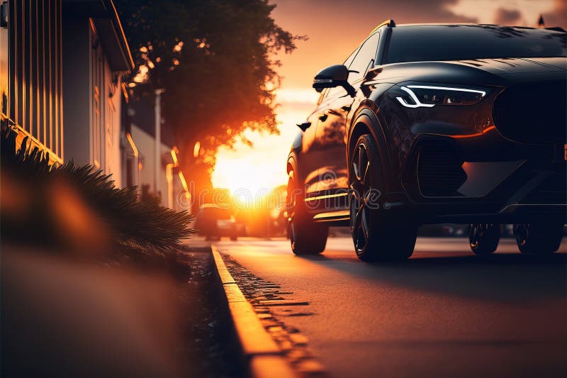 A Car Driving Down a Street at Sunset with the Sun Behind it and a ...