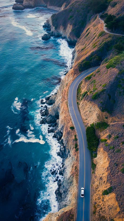 A Car Driving Down a Winding Road Next To the Ocean Stock Image - Image ...