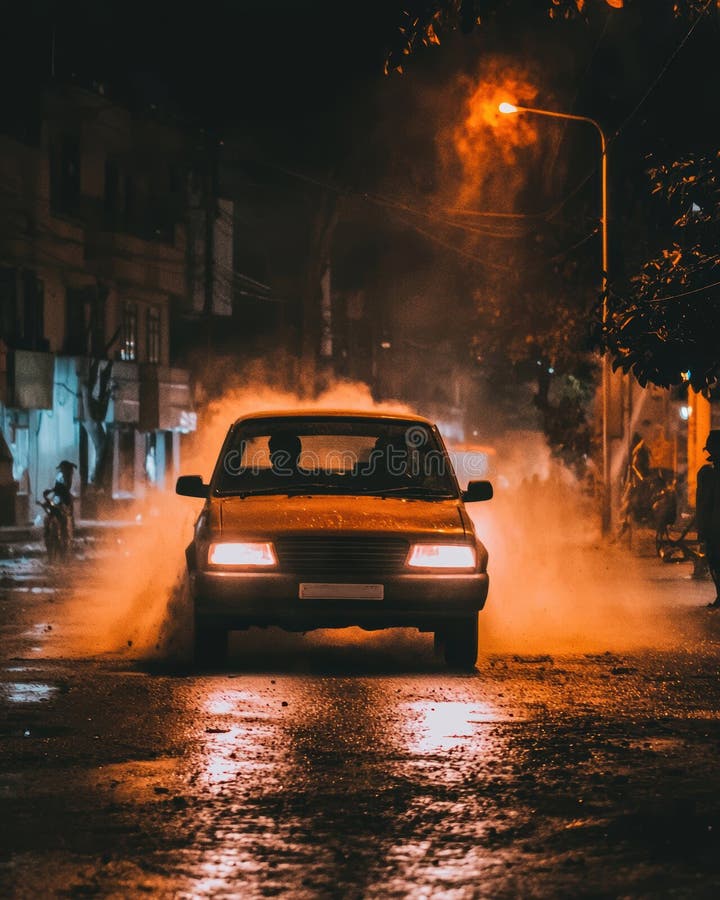 Car Driving through Dusty Street at Night, Creating Dramatic Scene with ...