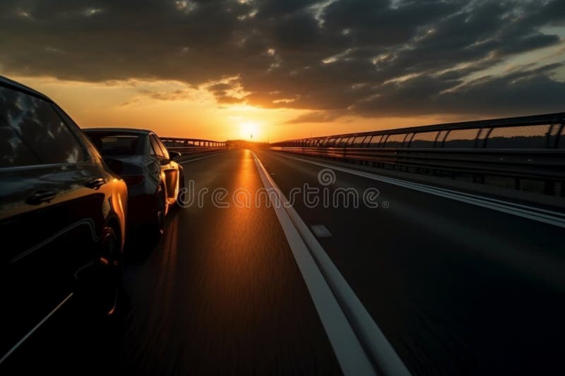 Car Driving Fast on the Highway Road Against Sky with Sunset Stock ...