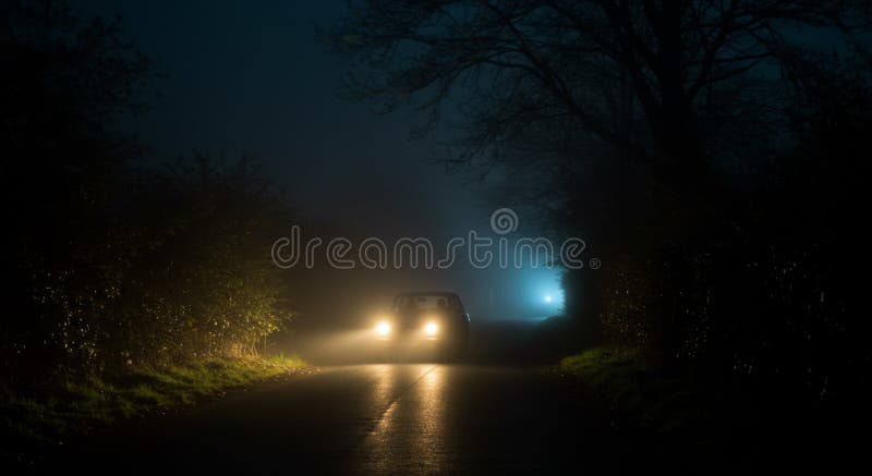 Car Driving on Foggy Night Road Stock Illustration - Illustration of ...