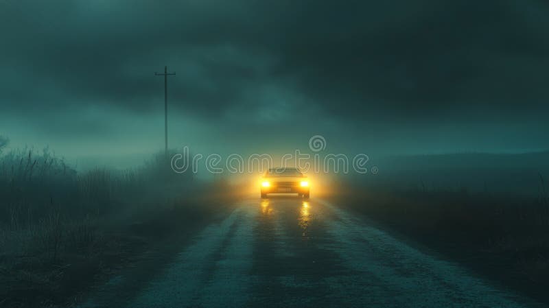 Car Driving through Foggy Road at Dusk Stock Illustration ...