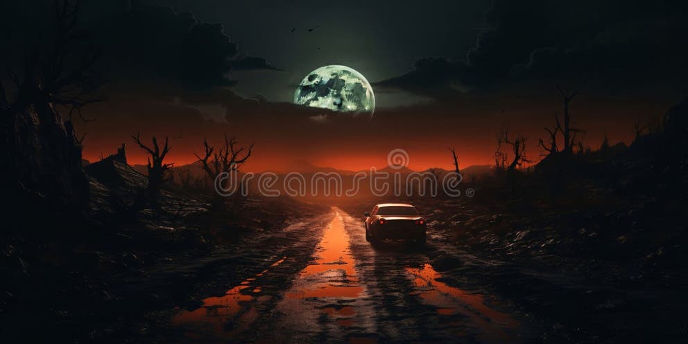 Car Driving through the Forest at Night with Full Moon. 3D Rendering ...