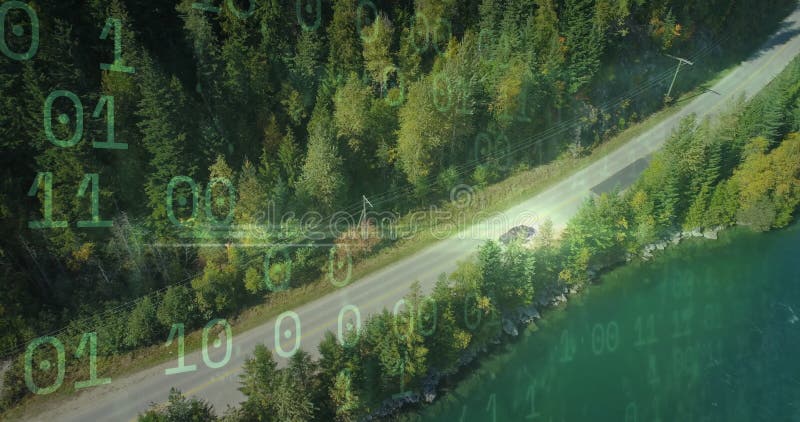 Car Driving on Forest Road with Digital Binary Code Overlay Animation ...
