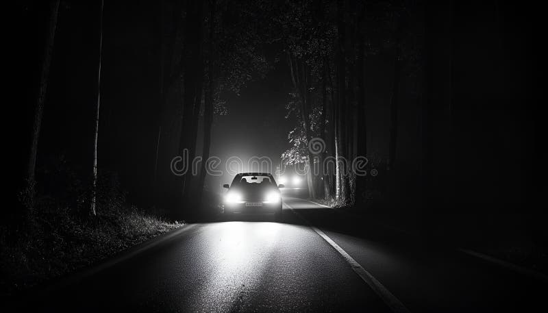 Car Driving on Forest Road at Night, Black and White Stock Image ...