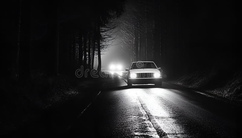 Car Driving on Forest Road at Night, Black and White Stock Image ...