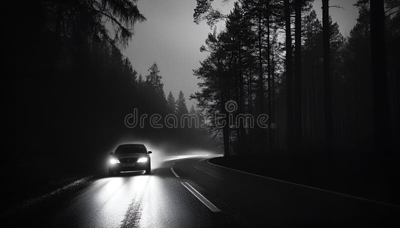 Car Driving on Forest Road at Night, Black and White Stock Photo ...