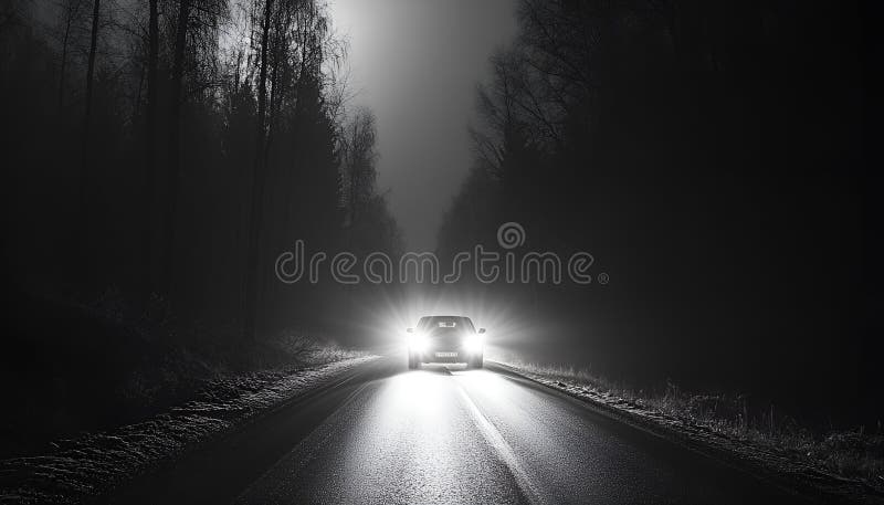 Car Driving on Forest Road at Night, Black and White Stock Image ...