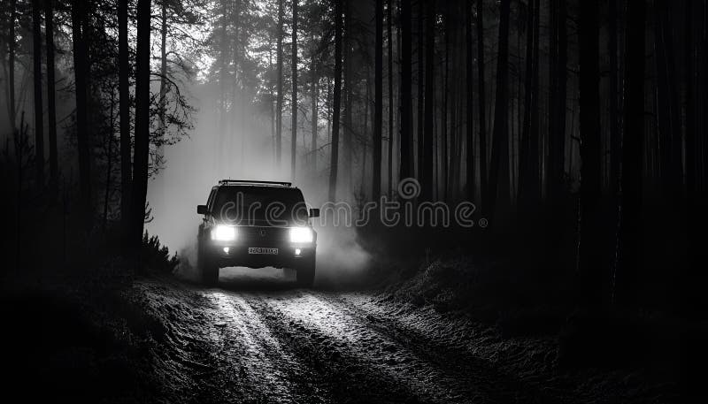 Car Driving on Forest Road at Night, Black and White Stock Image ...