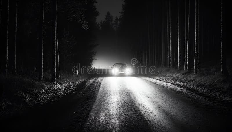 Car Driving on Forest Road at Night, Black and White Stock Image ...