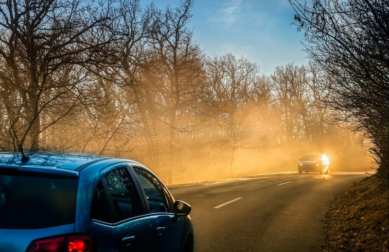 Car Driving on Foggy Forest Road Stock Image - Image of searchlights ...