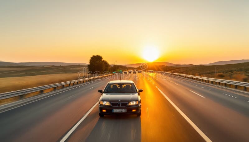 Car Driving on Highway at Sunset Stock Image - Image of driving, motion ...
