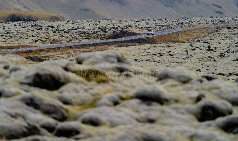 Car Driving through Lava Fields Covered by Moss Stock Image - Image of ...