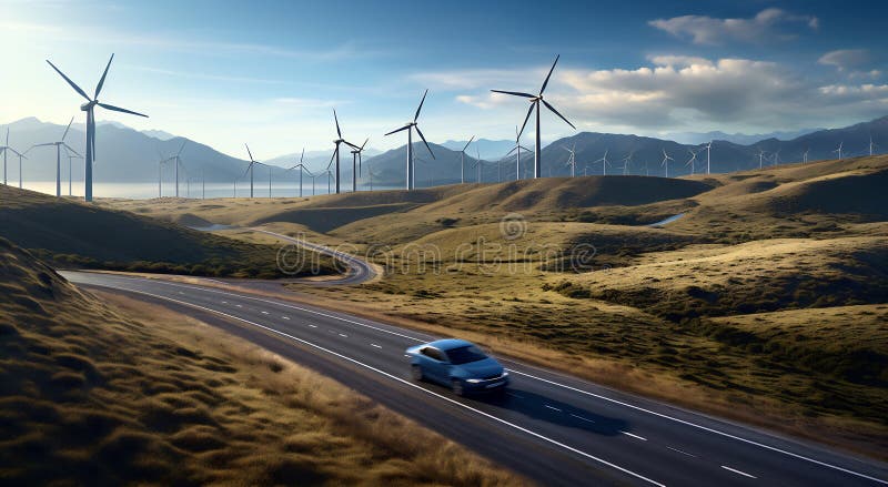 Car Driving Next To Wind Turbines Stock Image - Image of rotation ...