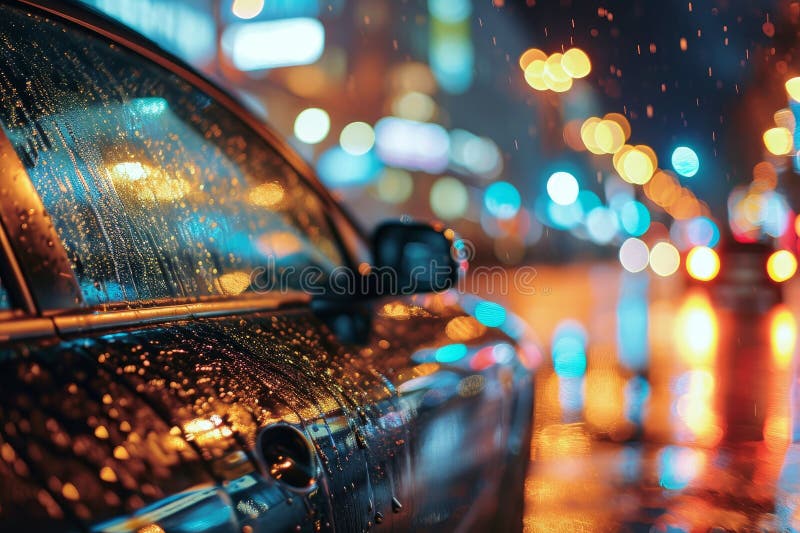 The Car is Driving through the Night City in the Rain Stock Photo ...