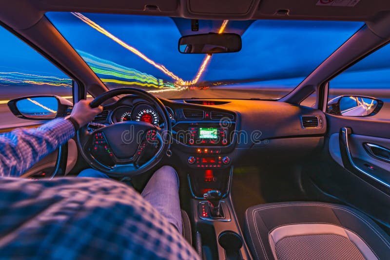 Car driving at night stock photo. Image of downtown - 142067872