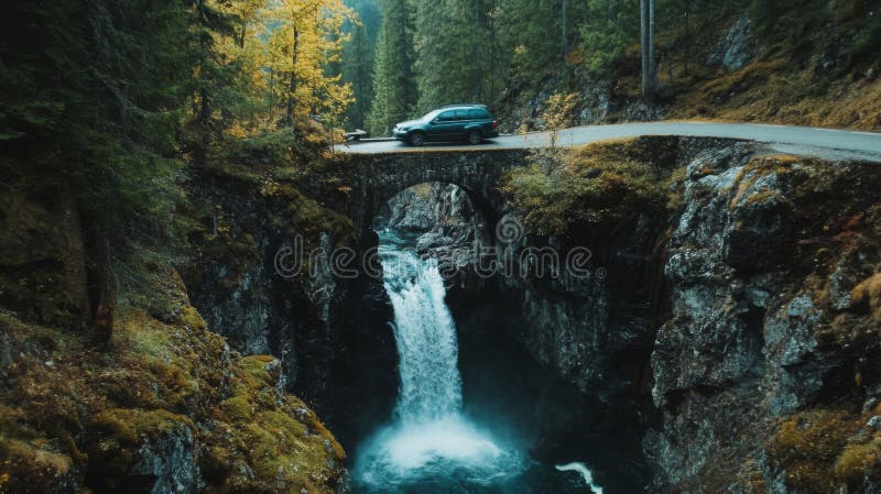 A Car Driving Over a Bridge with a Waterfall Below Stock Illustration ...