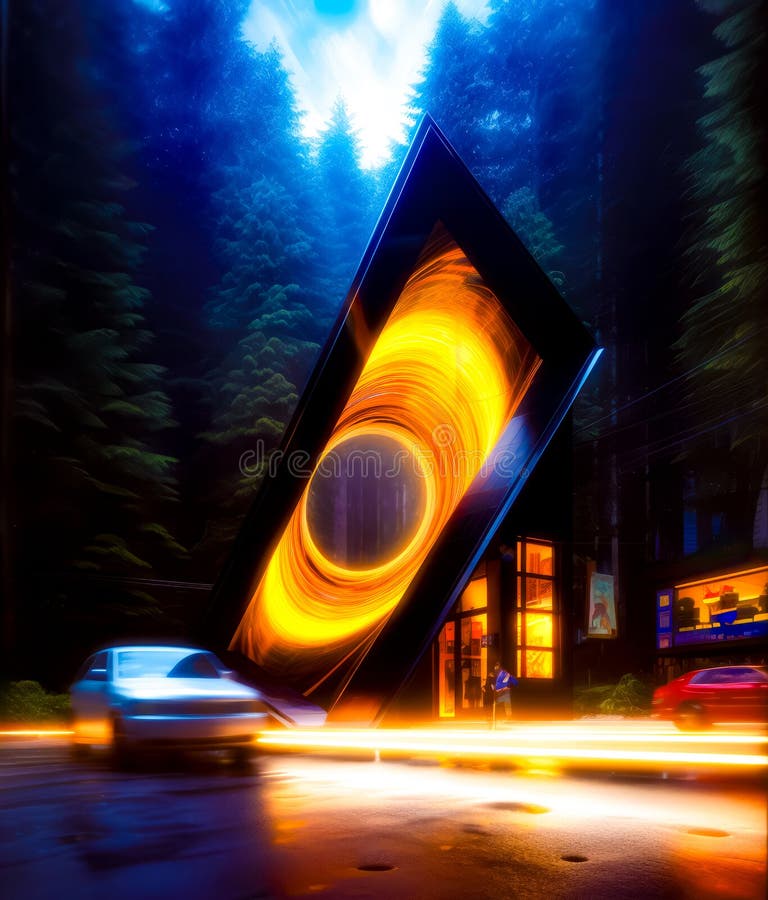 Car Driving Past Building with Large Object on Top of it. Generative AI ...