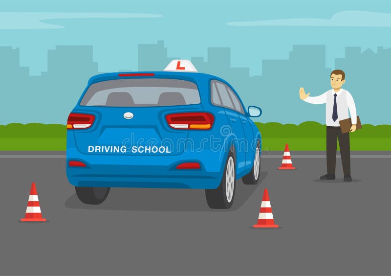Car Driving Practice Test with Red Cones. Student Driver Driving a Blue ...