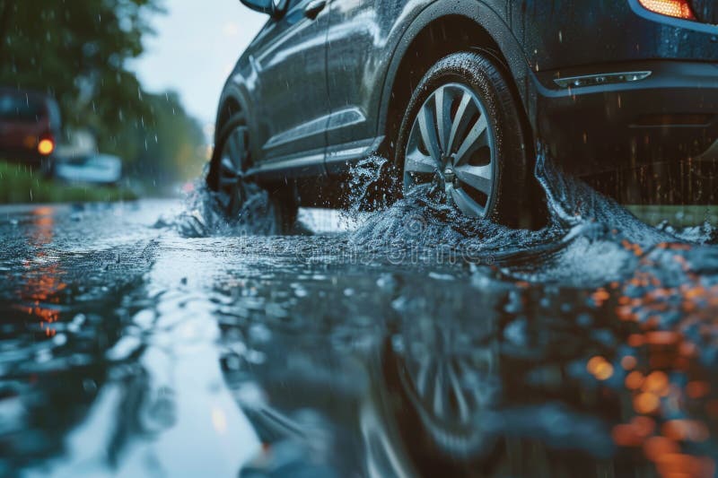 Car Driving through Puddle stock image. Image of urban - 374591635