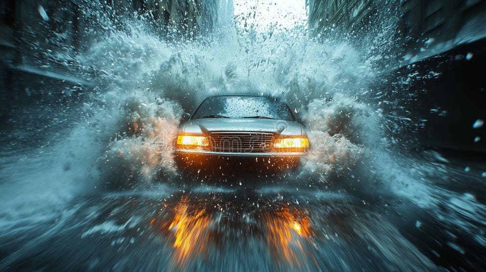 A Car Driving through a Puddle Creating a Dramatic Splash Effect Stock ...