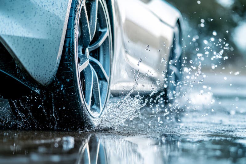 Car Driving through the Puddle. Driving through Rain Creating a Dynamic ...