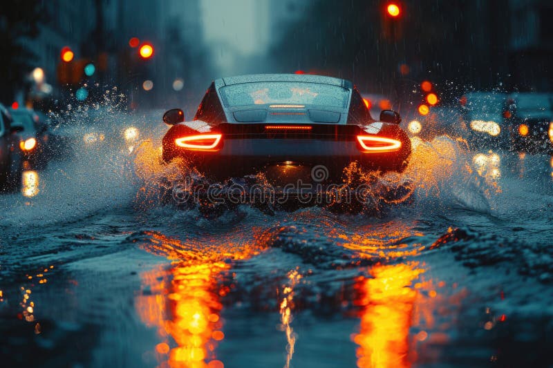 Car Driving through Puddles on a Rainy Street in the Evening Stock ...