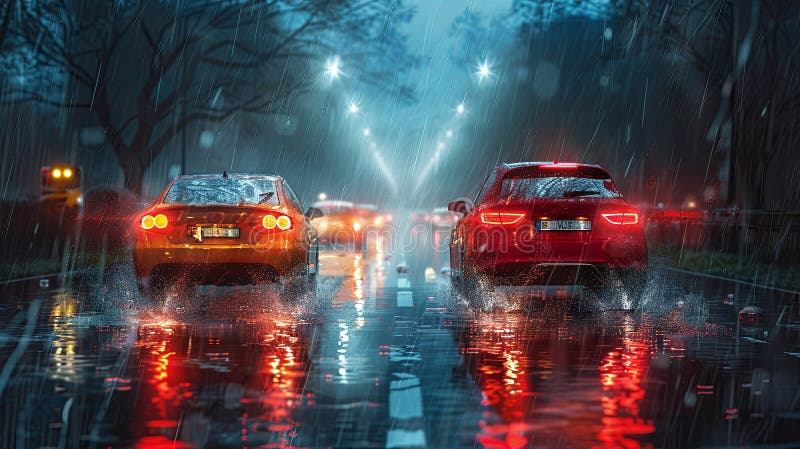 Car Driving through the Rain on the Road at Night Stock Illustration ...