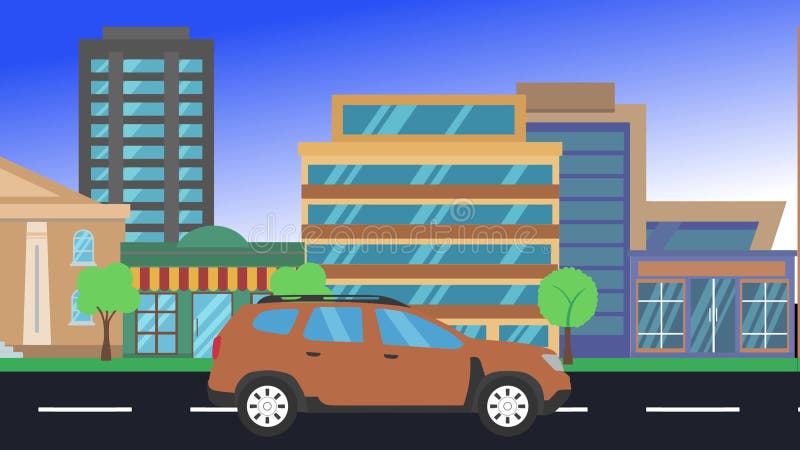 Car Driving Rides Around City Side View, Loop Animation, Flat Design ...