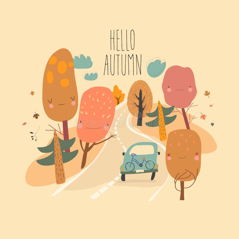 Car is Driving on the Road through Autumn Forest Stock Vector ...