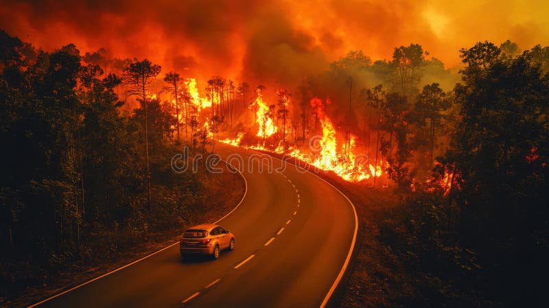 Car Driving on Road through Fiery Forest Wildfire at Night Stock ...