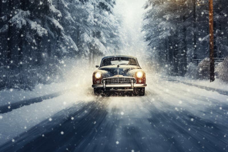 Car Driving on the Road during a Snowfall in the Winter Forest, a Car ...