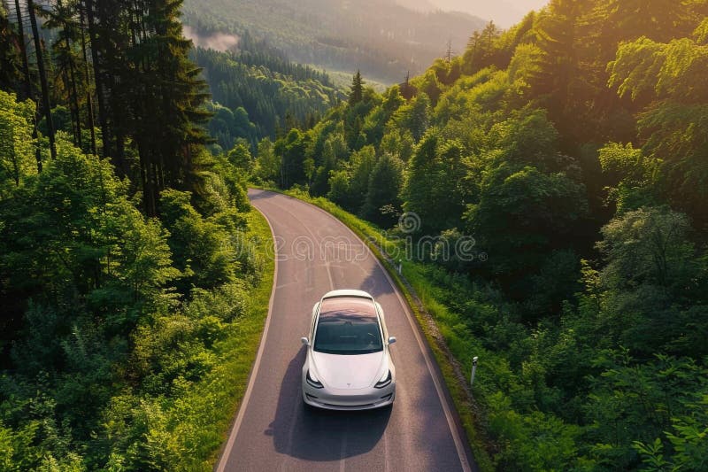 A Car Driving on a Scenic Road Surrounded by a Verdant Forest Stock ...