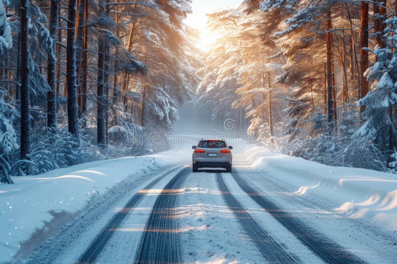 Car Driving on a Snow-covered Road in the Forest Against the Setting ...