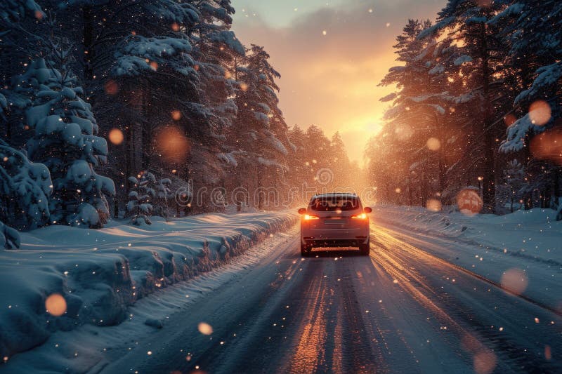 Car Driving on a Snow-covered Road in the Forest Against the Setting ...