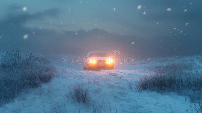 Car Driving through Snowy Field with Headlights on in Winter Scene ...