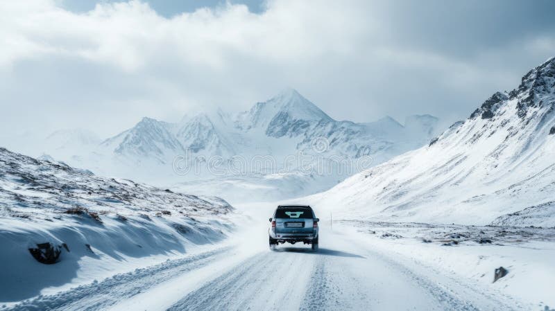 A Car Driving through a Snowy Mountain Pass Stock Illustration ...