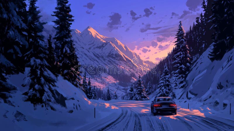 A Car Driving through a Snowy Mountain Pass at Sunset Stock ...