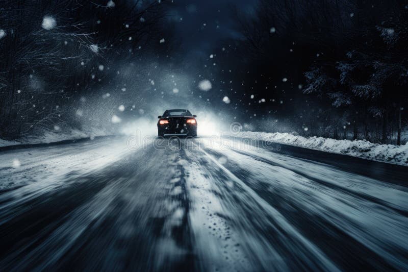 Car Driving on a Snowy Road at Night with Motion Blur Effect, a Car ...