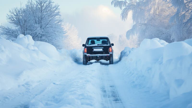 A Car Driving on a Snowy Road Stock Photo - Image of forest, transport ...