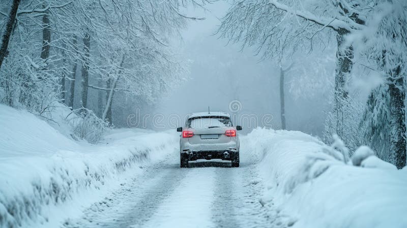 A Car Driving on a Snowy Road Stock Photo - Image of snowy, auto: 305568372