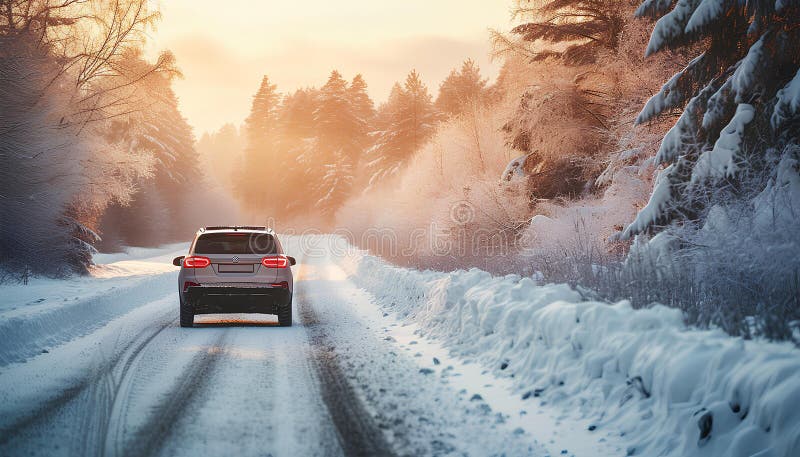 Car Driving on Snowy Road in Winter Stock Illustration - Illustration ...