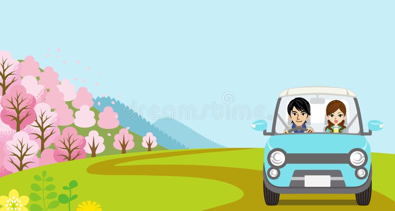 Car Driving in Spring Nature, Young Couple - Front View Stock Vector ...