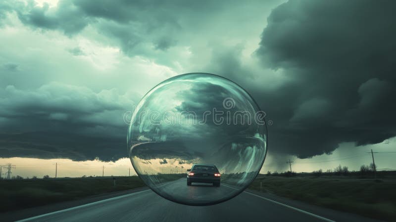 Car Driving through Storm Inside Protective Sphere Stock Illustration ...