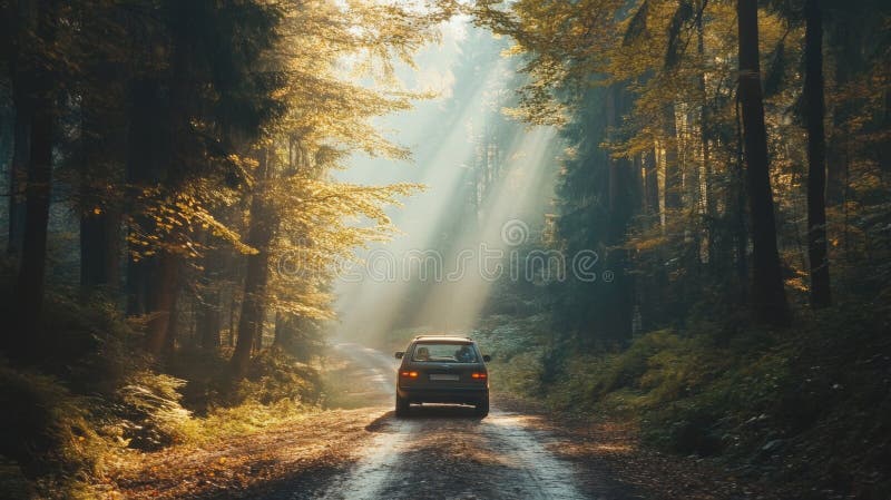 A Car Driving through a Sunlit Forest Path Stock Illustration ...