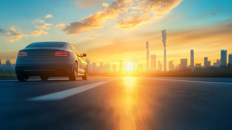 Car Driving Towards City Skyline at Sunset Stock Illustration ...