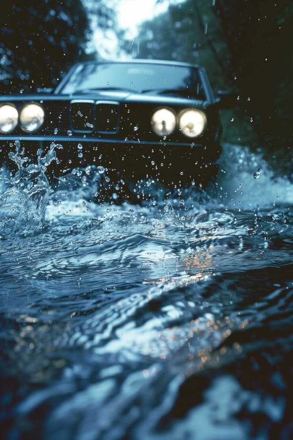 Car Driving through Water Puddle Stock Photo - Image of water, rainy ...